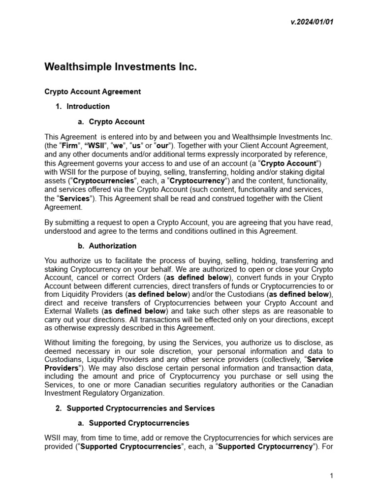 Wealthsimple Crypto Client Account Agreement (January 2024) - EN-CA | PDF | Cryptocurrency ...