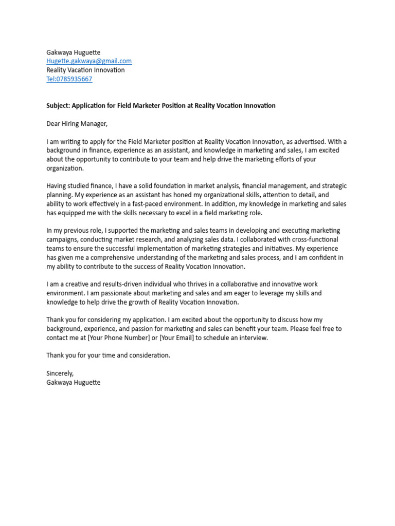 Subject: Application For Field Marketer Position at Reality Vocation ...