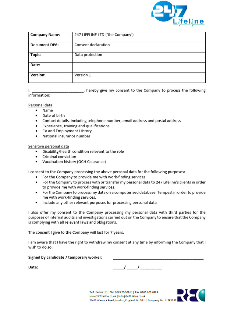 GDPR Consent Form for 247 Lifeline | PDF