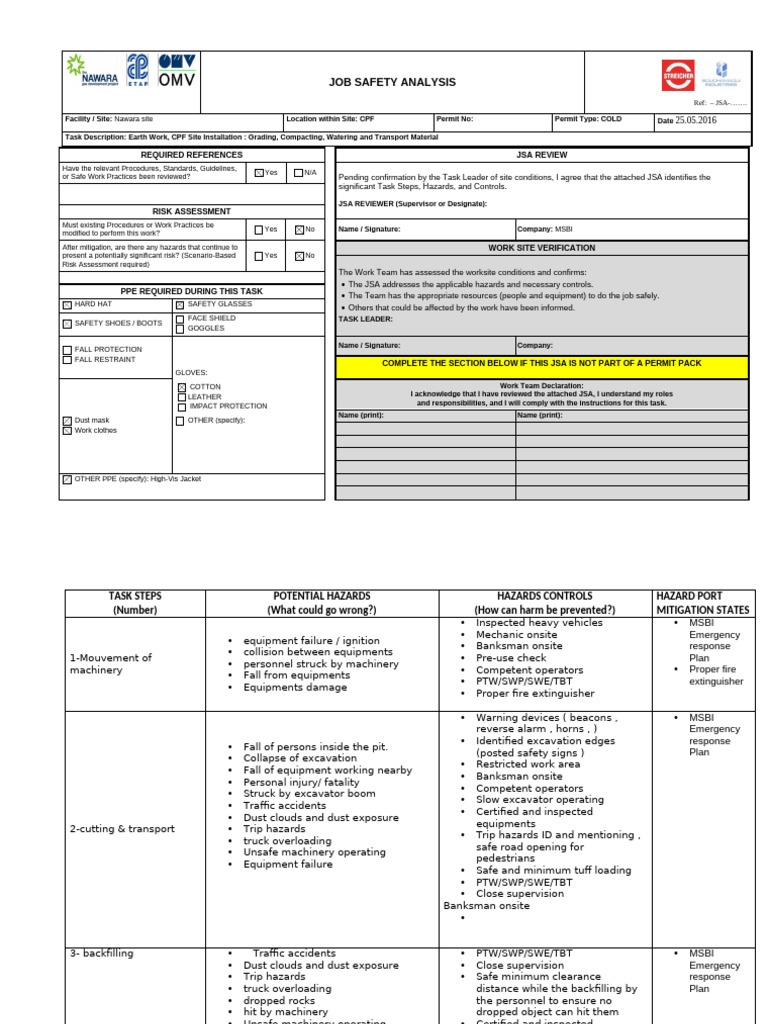 JSA - Earth Work For Site Installation | PDF | Safety | Occupational ...