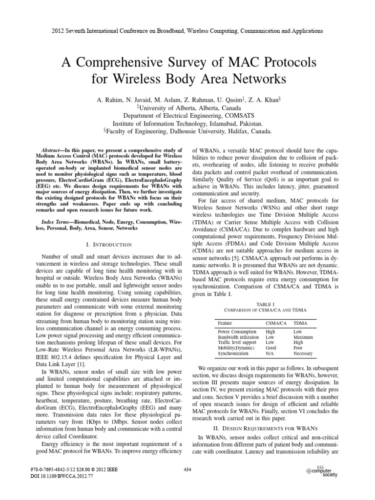 A Comprehensive Survey of MAC Protocols For Wireless Body Area Networks | PDF | Channel Access ...