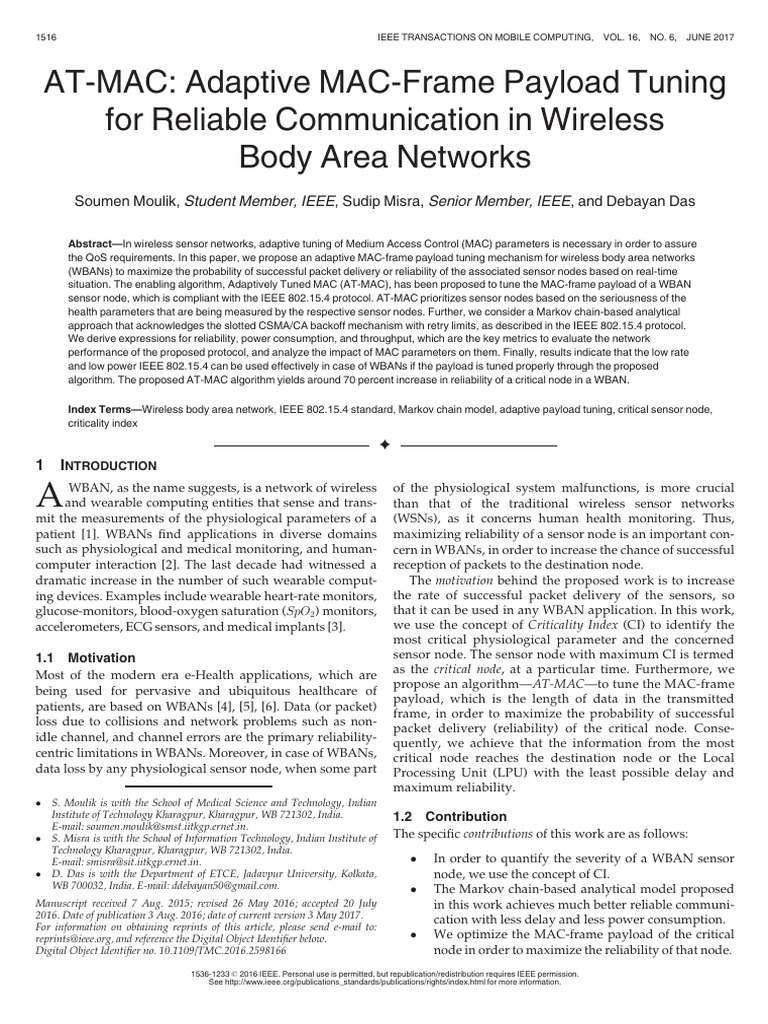 AT-MAC: Adaptive MAC-Frame Payload Tuning For Reliable Communication in Wireless Body Area ...
