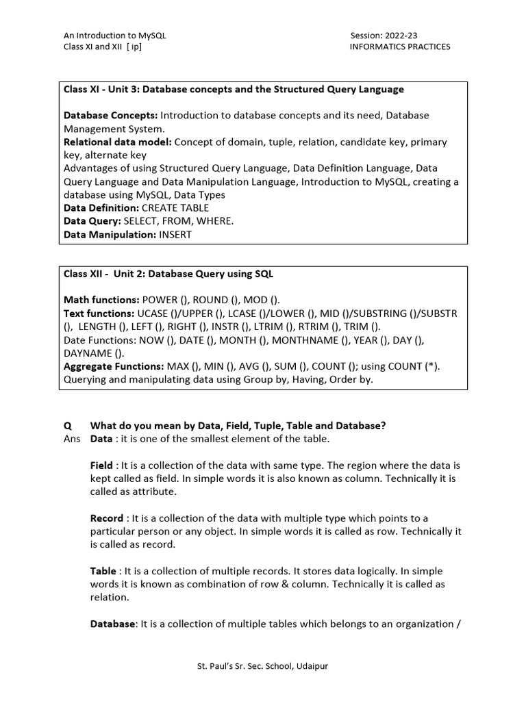 MySql Notes For The Class XI and XII 2022-23 | PDF | Databases | Sql
