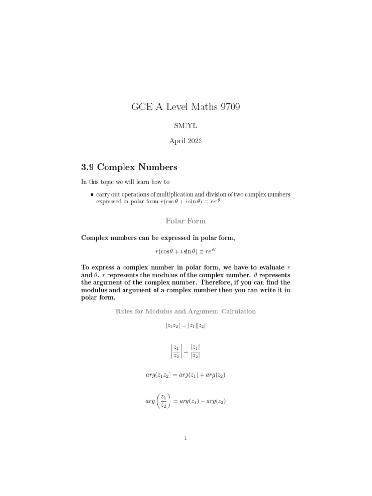 GCE A Level Complex Numbers Polar Form | PDF | Complex Number | Complex Analysis