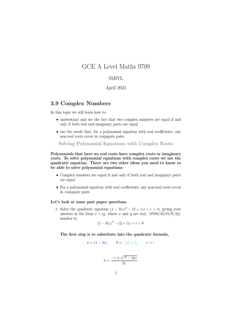 GCE A Level Complex Numbers Solving Polynomial Equations With Complex Roots | PDF | Square Root ...