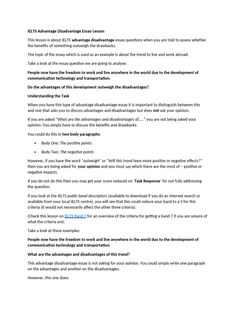 IELTS Advantage Disadvantage Essay Guide | PDF | Communication | Essays