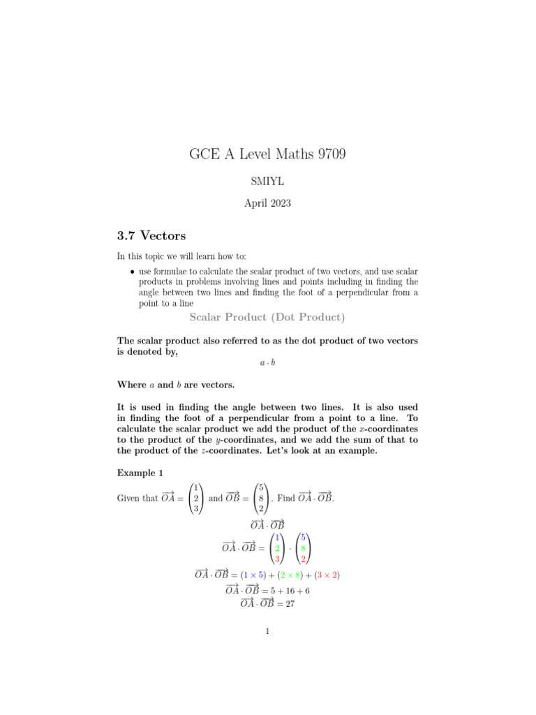 GCE A Level Vectors Angle Between Two Lines and Foot of The Perpendicular | PDF | Euclidean ...