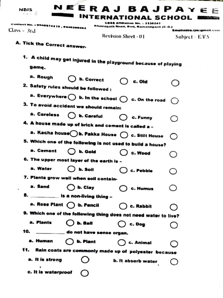 EVS Revision Sheets Class 3 | PDF | Soil | Natural Materials