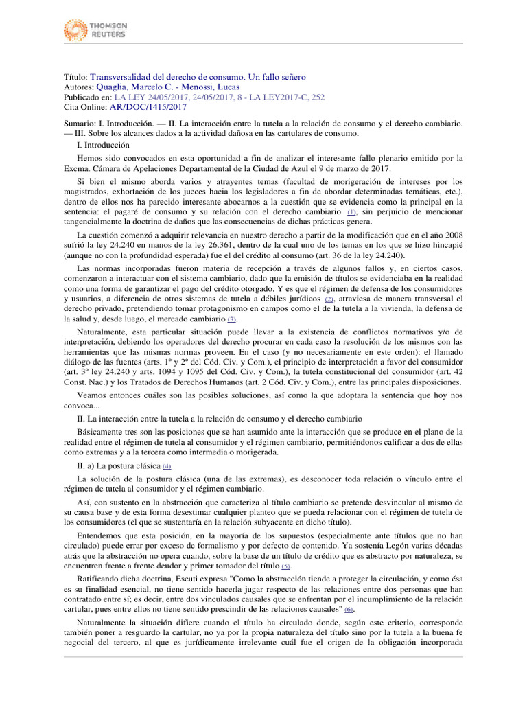TP4 - Documento Extra Transversalidad Del Derecho de Consumo. Un Fallo Señero. Quaglia. | PDF ...