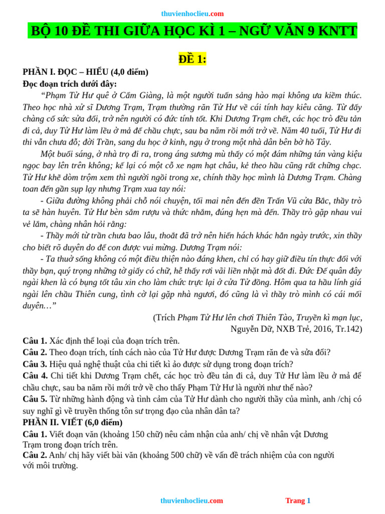 10 de Kiem Tra Giua HK1 Ngu Van 9 KNTT | PDF