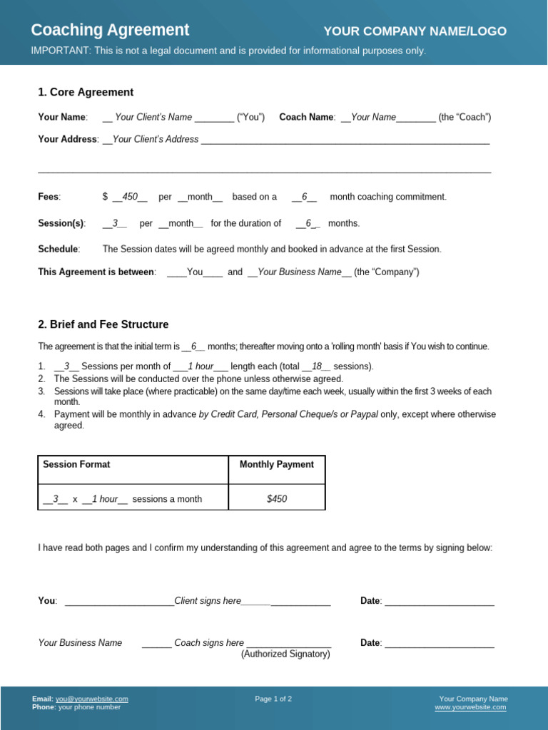 Coaching Agreement Template | PDF | Psychotherapy