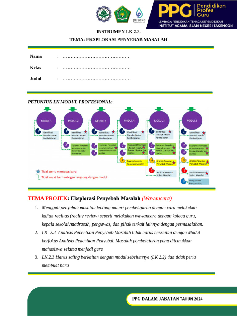 Instrumen LK 2.3 - Eksplorasi Penyebab Masalah - Wawancara - (MODUL PROFESIONAL PJBL) | PDF