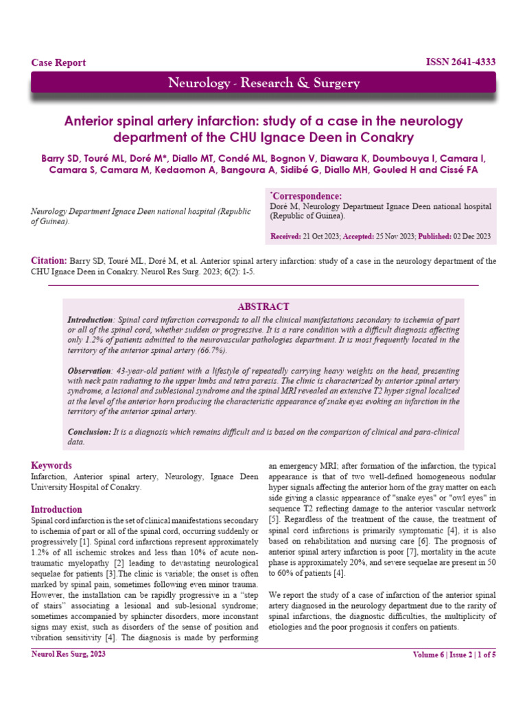Anterior Spinal Artery Infarction: Study of A Case in The Neurology ...