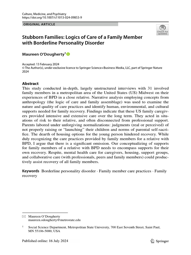 Stubborn Families: Logics of Care of A Family Member With Borderline ...