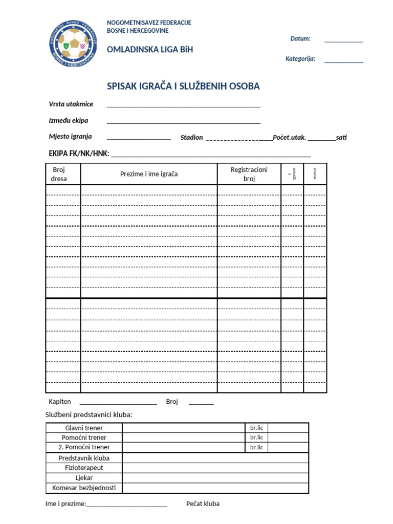 Obrazac-Spisak Igrača I Službenih Osoba Kluba Omladinske Lige BiH 2 | PDF
