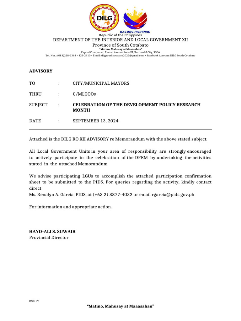 ADVISORY FOR ALL CITY MUNICIPAL MAYORS RE Memorandum Re CELEBRATION OF ...