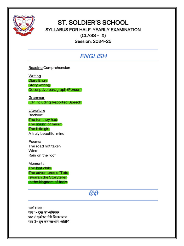 Class IX Half-Yearly Exam Syllabus 2024-25 | PDF