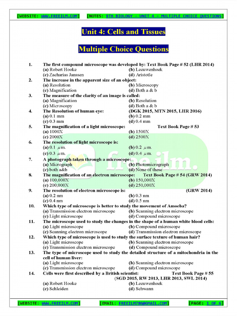 9th Bio Ch4 MCQ's | PDF