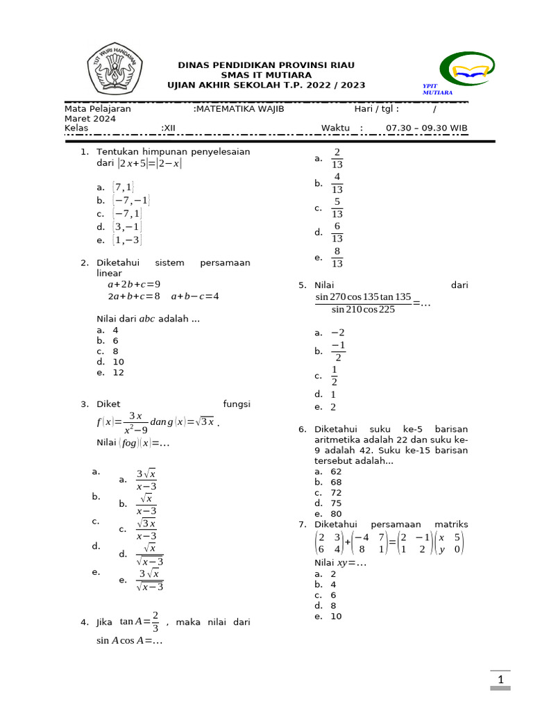 Soal Uas MTK Wajib Kelas 12 TP.23-24 | PDF