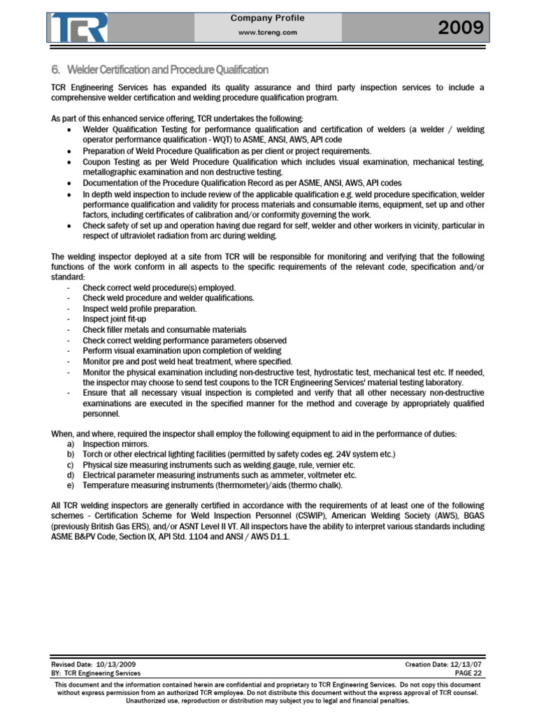 TCR Engineering Services Profile 2009 - 22 | PDF | Welding | Construction