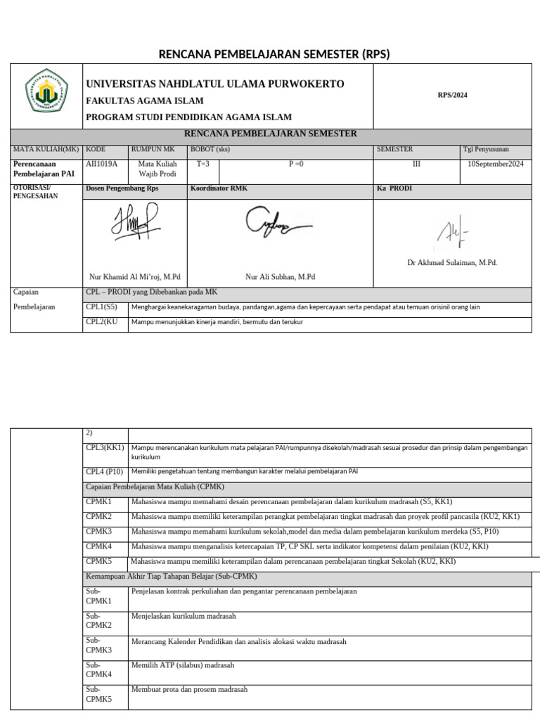 RPS Perencanaan Pembelajaran PAI | PDF