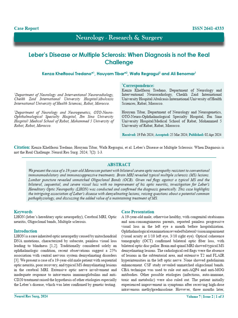 Leber's Disease or Multiple Sclerosis: When Diagnosis Is Not The Real Challenge | PDF | Multiple ...
