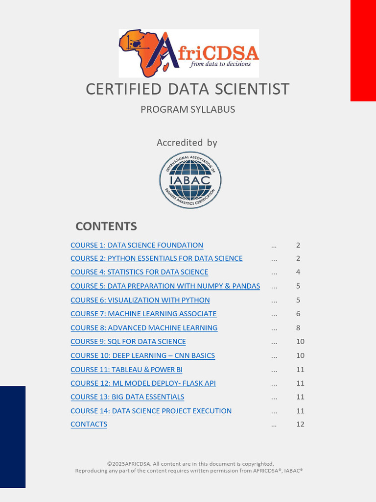 AFRICDSA Certified Data Scientist Syllabus - V1.2 | PDF | Regression Analysis | Support Vector ...