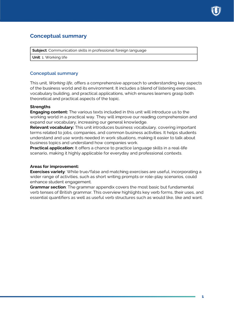 U1 SUMMARY Working Life | PDF | Vocabulary | Learning