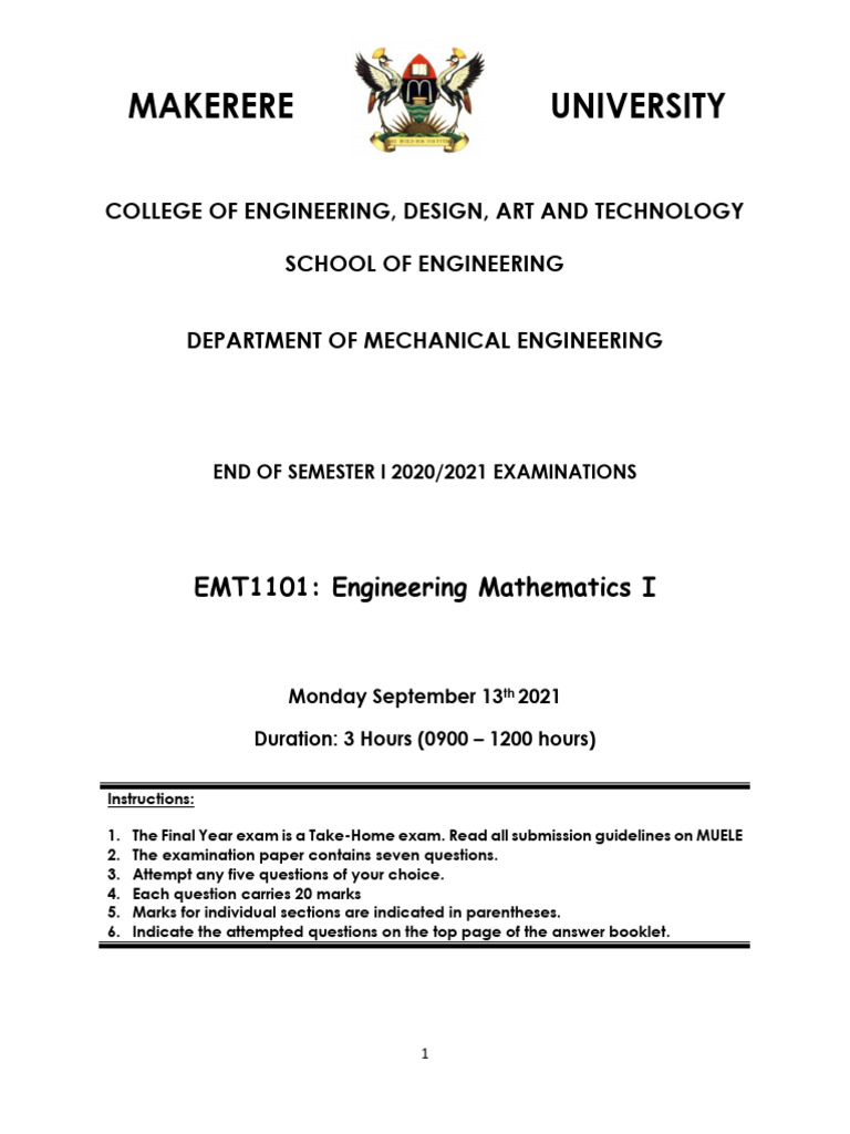 EMT1101 Engineering Mathematics I Exam | PDF | Beam (Structure ...