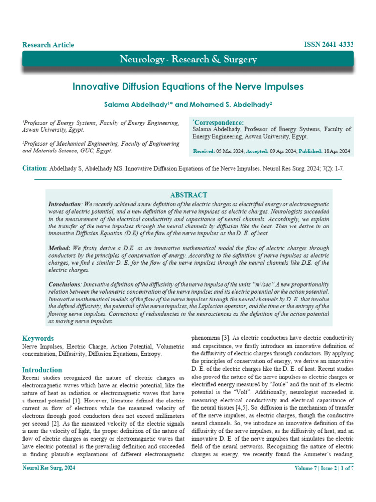 Innovative Diffusion Equations of The Nerve Impulses | PDF | Action Potential | Capacitance