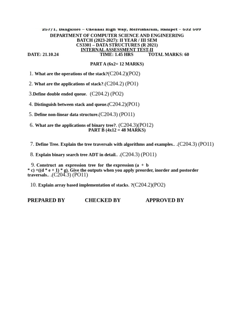 Cse Ds Iat 2 (II Year) 1 | PDF