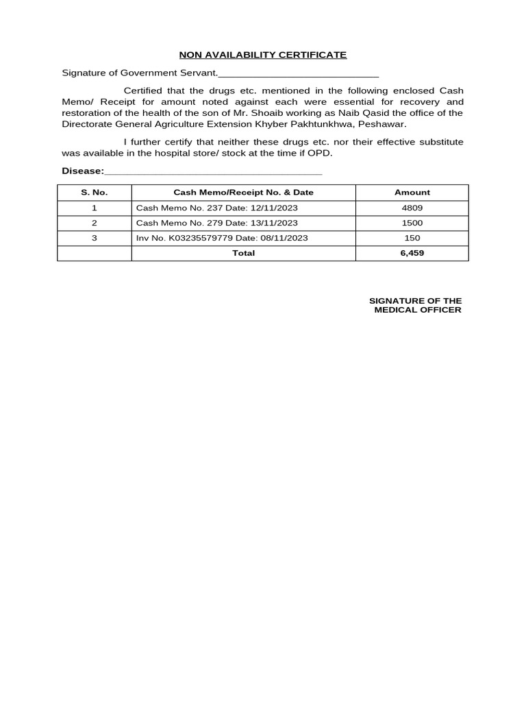 Non Availability Certificate for Medical Needs | PDF