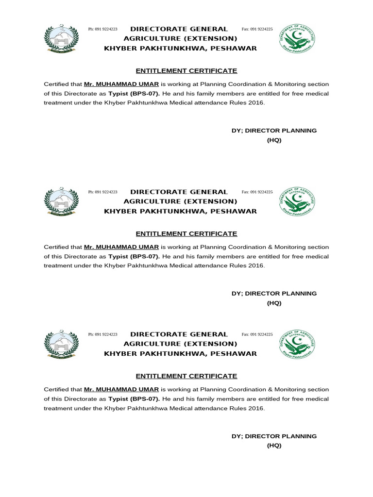 Entitlement Certificate | PDF | Khyber Pakhtunkhwa