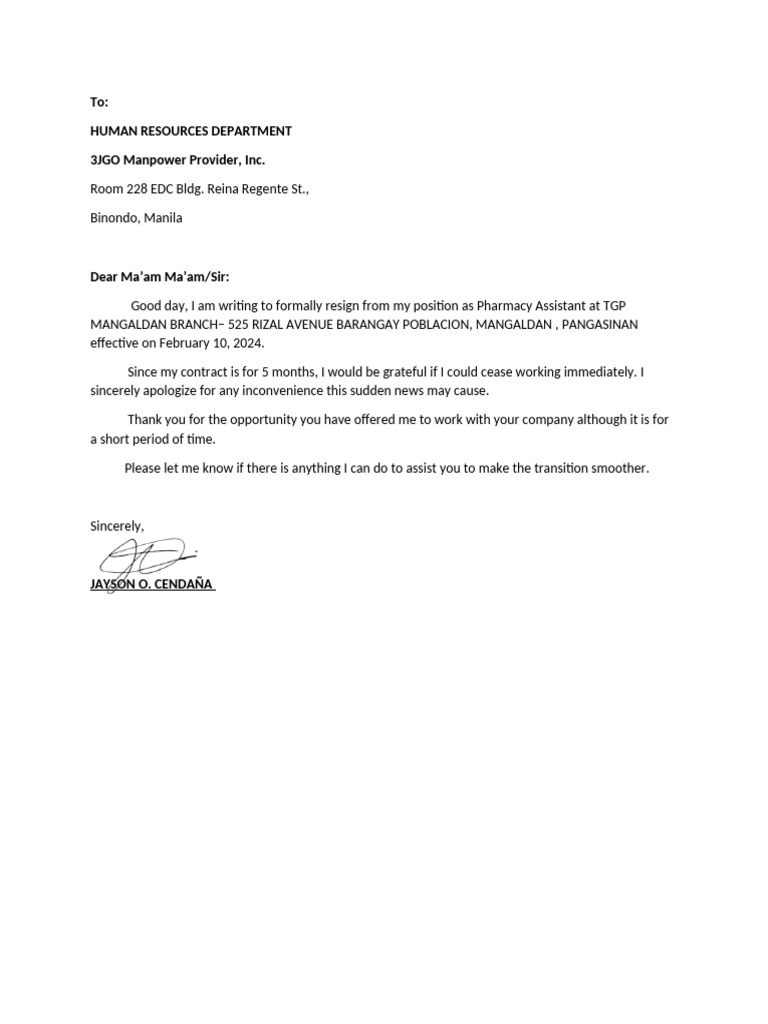 Resignation Letter Jayson Cendaña | PDF
