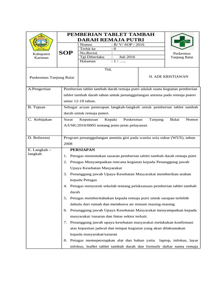 Pemberian Tablet Tambah Darah Remaja | PDF
