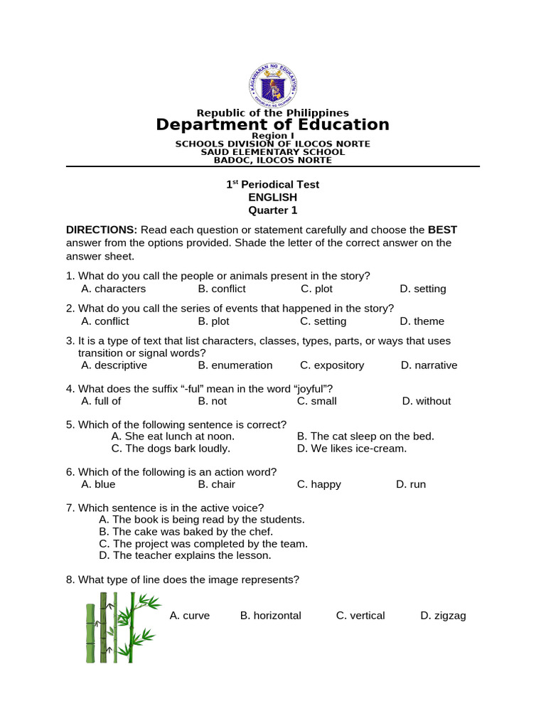 Grade 4 English 1st Periodical Test | PDF | Narration
