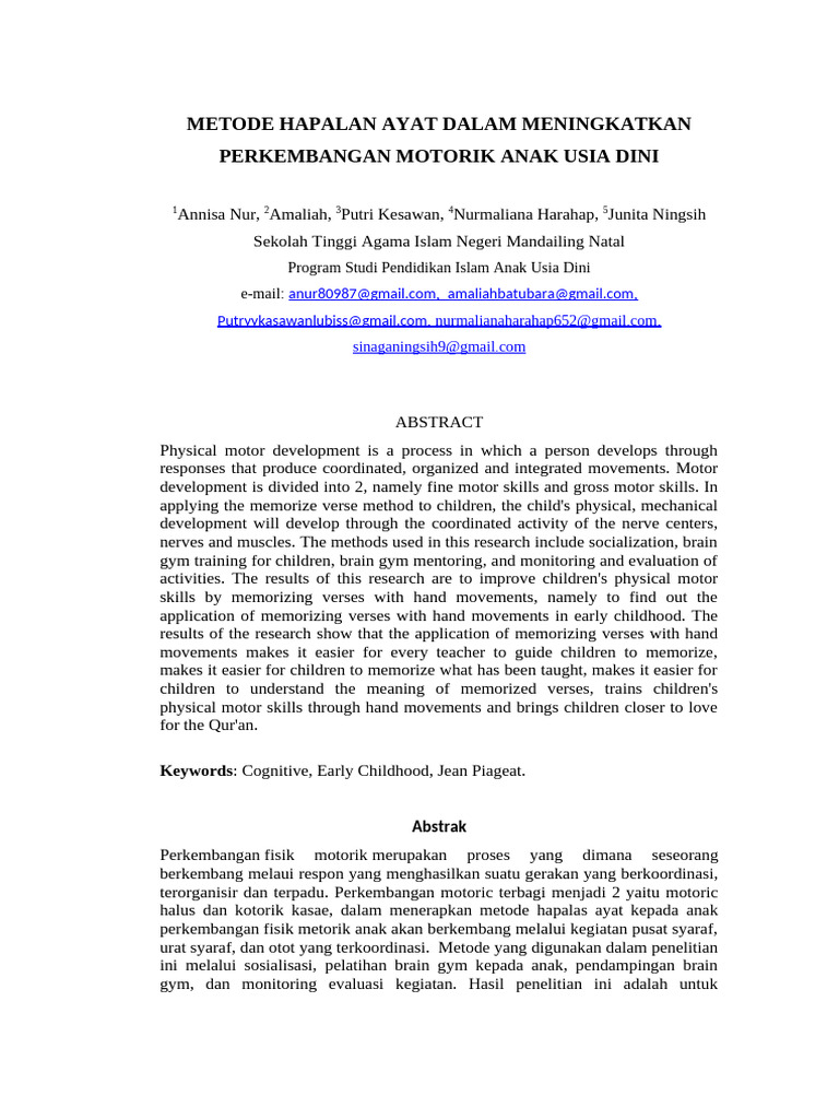 Artikel Metode Hapalan Ayat Dalam Meningkattkan Perkembangan Motorik Anak Usia Dini | PDF ...