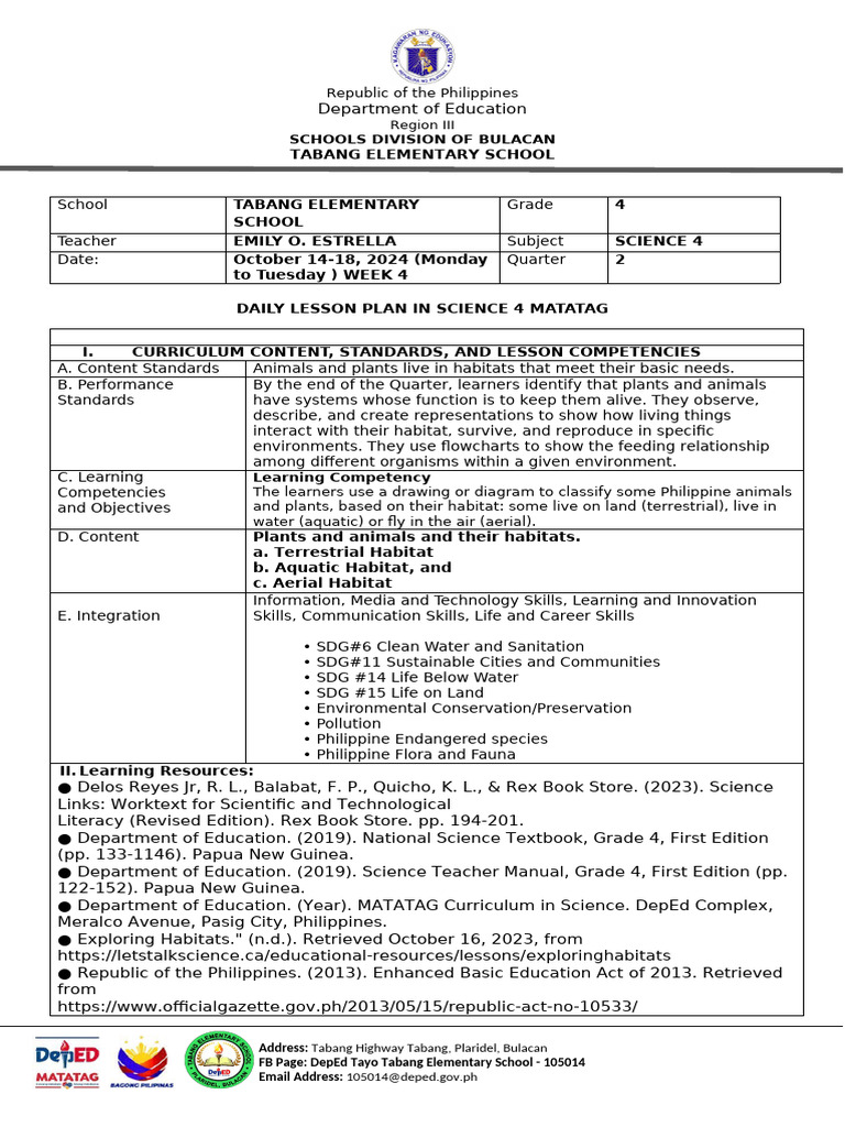 Grade 4 Science: Habitats Lesson Plan | PDF | Habitat | Marine Biology