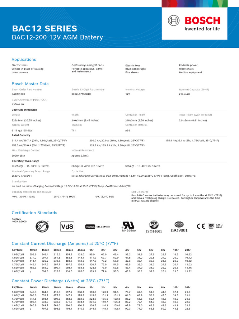 Bosch Bac12-200 Battery Specification Sheet-2 | PDF | Electromagnetism ...