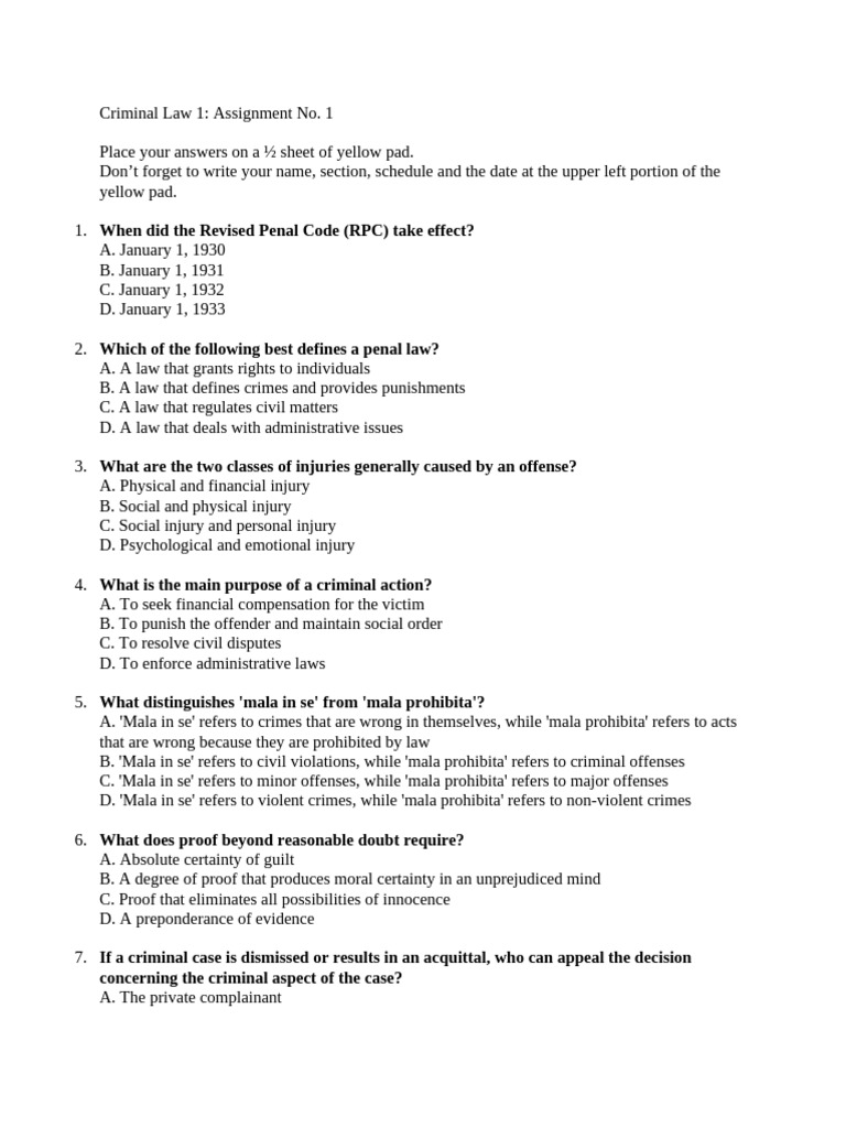 Criminal Law 1 Assignment No. 1 | PDF | Crimes | Crime & Violence