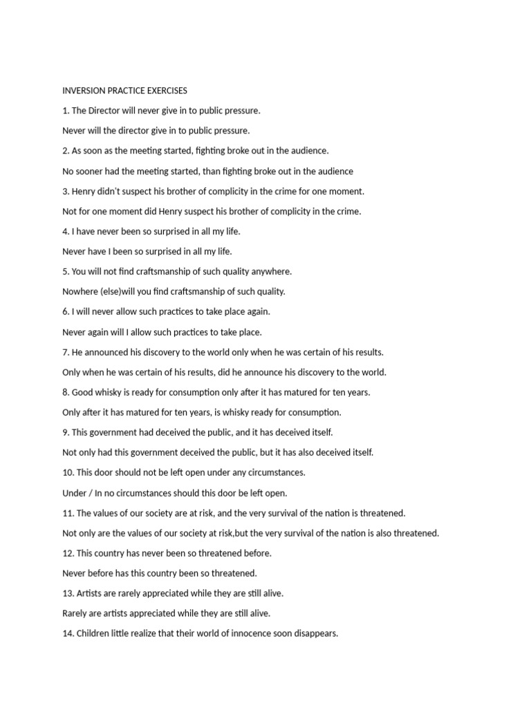 INVERSION PRACTICE EXERCISESAnswer Key | PDF