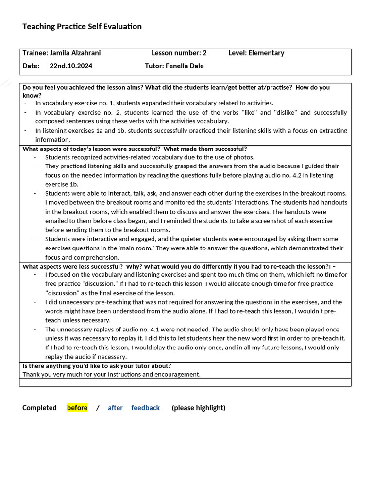 2nd Lesson Self-Evaluation | PDF | Reading Comprehension | Pedagogy