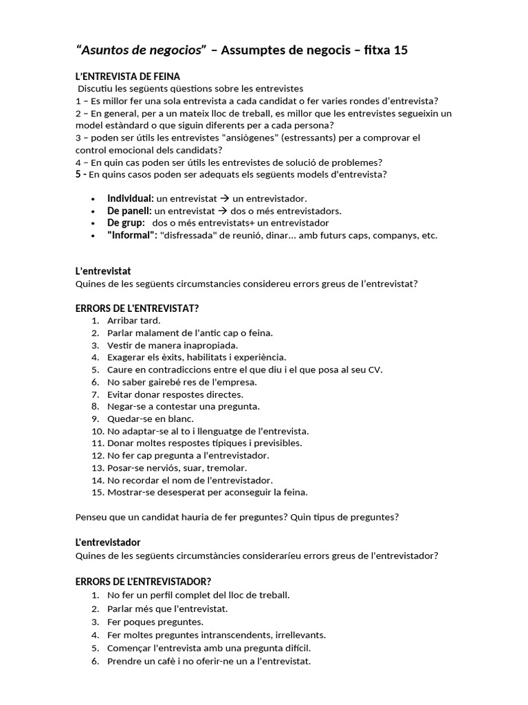 Asuntos de Negocios - ENTREVISTA DE FEINA | PDF