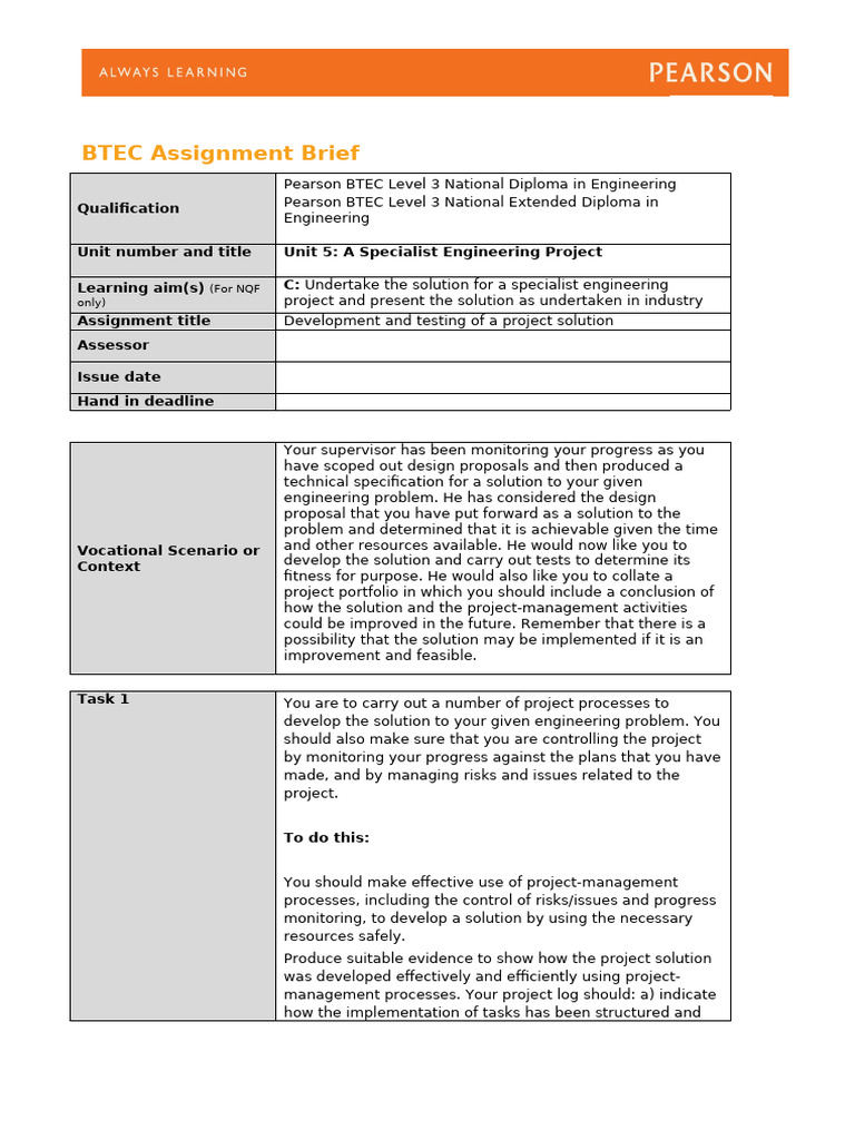Assignment Brief For Learning Aim C Unit 5 A Specialist Engineering ...