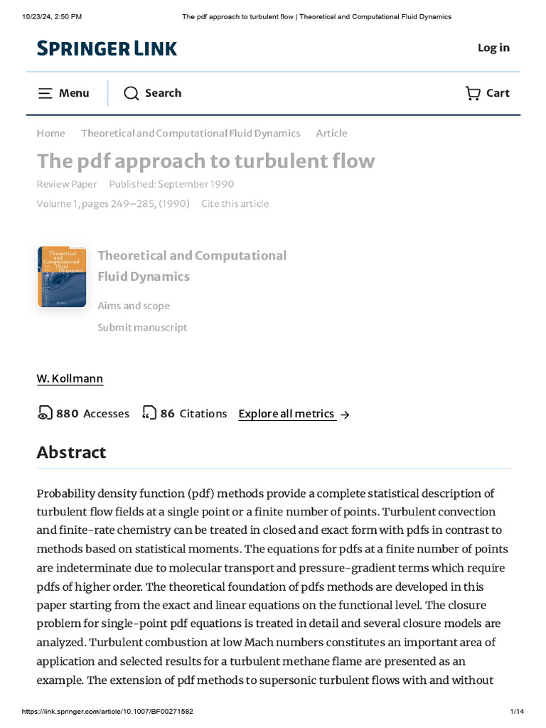 The PDF Approach To Turbulent Flow - Theoretical and Computational Fluid Dynamics | PDF | Fluid ...