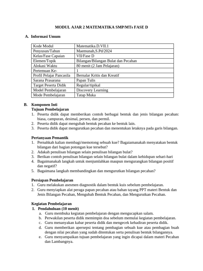 MODUL AJAR MATEMATIKA SMP KELAS VII BAB 2 - Revisi | PDF
