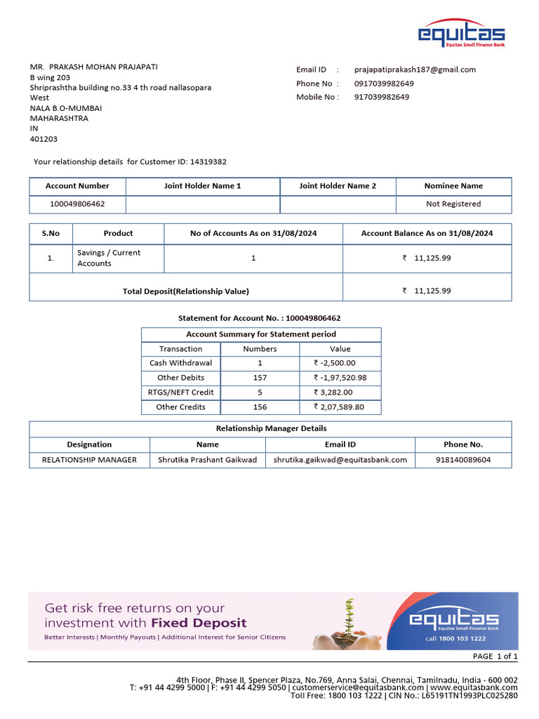 Equitas Small Finance Bank Statement | PDF | Cheque | Banks
