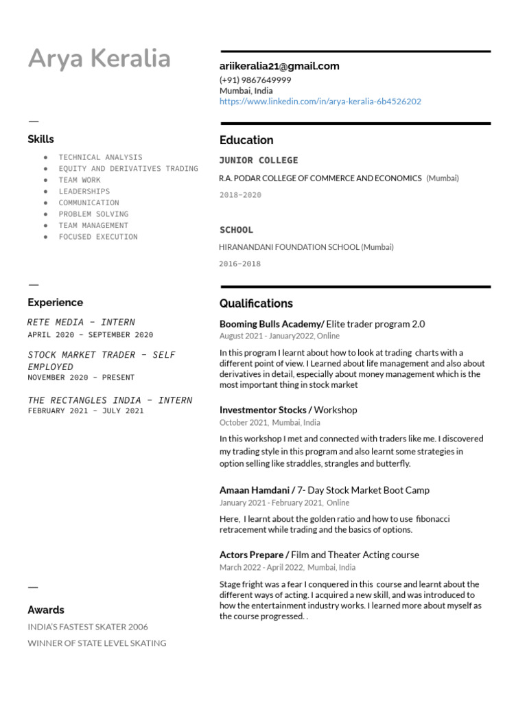 Arya Keralia Resume 2.0 | PDF | Financial Markets | Market (Economics)