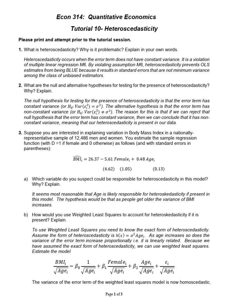Tutorial Session 11 - Heteroscedasticity Solution | PDF | Errors And Residuals | Regression Analysis