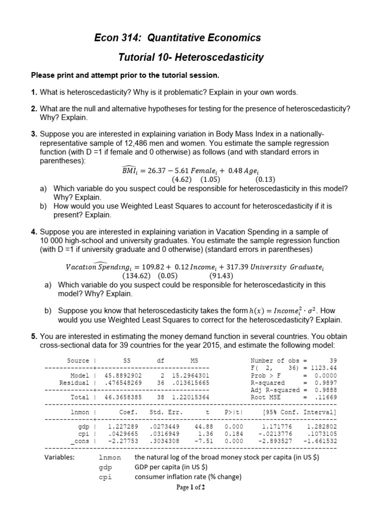 Tutorial Session 11 - Heteroscedasticity | PDF | Regression Analysis | Errors And Residuals